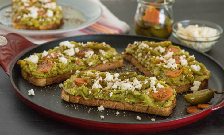 Guacamole, Queso Fresco and Pickled Jalapeño Toast - Nibbles and Feasts