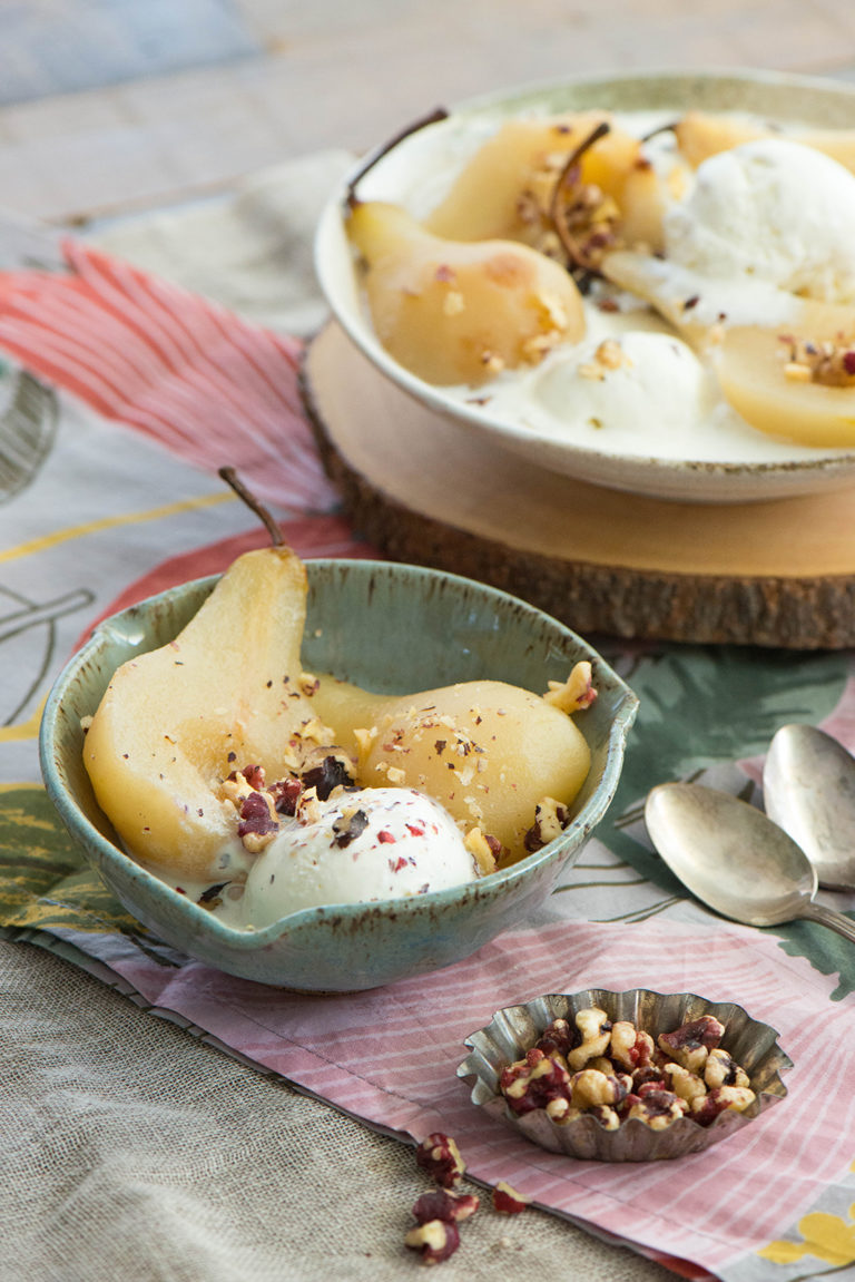 Chamomile Honey Tea Poached Pears - Nibbles and Feasts