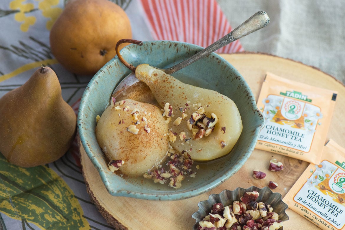 Chamomile Honey Tea Poached Pears - Nibbles and Feasts
