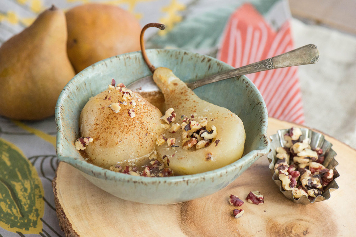 Chamomile Honey Tea Poached Pears - Nibbles and Feasts