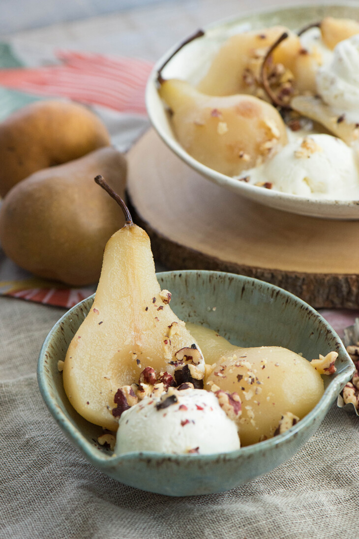 Chamomile Honey Tea Poached Pears - Nibbles and Feasts