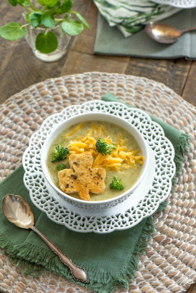 Creamy Broccoli Cheddar Soup with Shamrock Croutons - Nibbles and Feasts