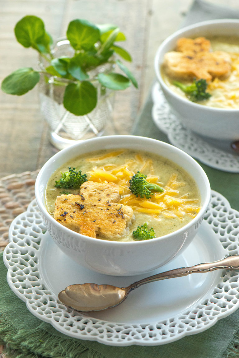 Creamy Broccoli Cheddar Soup with Shamrock Croutons - Nibbles and Feasts