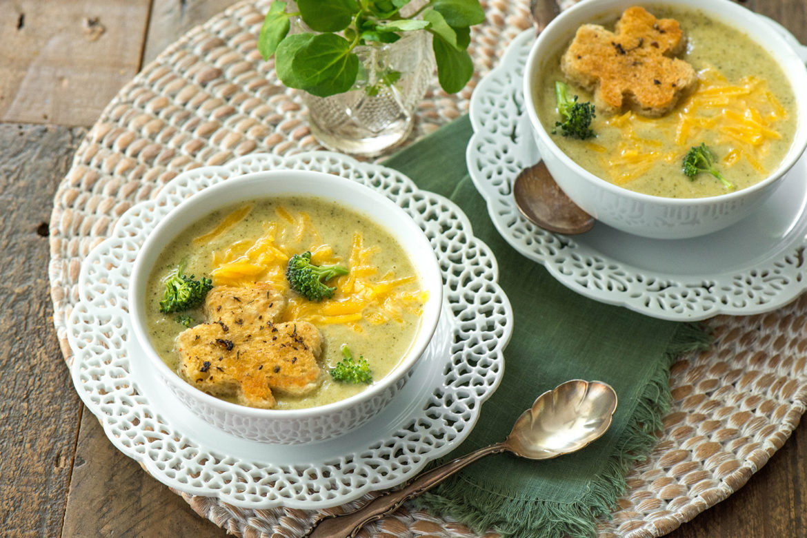 Creamy Broccoli Cheddar Soup with Shamrock Croutons - Nibbles and Feasts