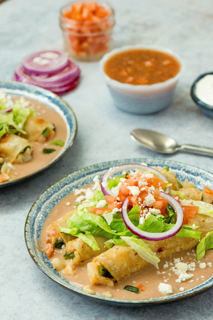 Potato Tacos Dorados with Poblano and Oaxaca Cheese on Bean Puree ...