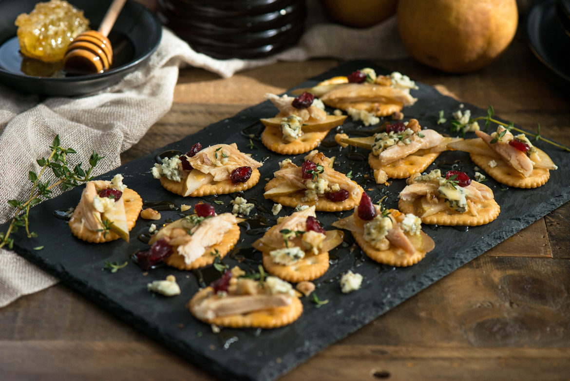 Pear Blue Cheese Crackers with Honey - Nibbles and Feasts