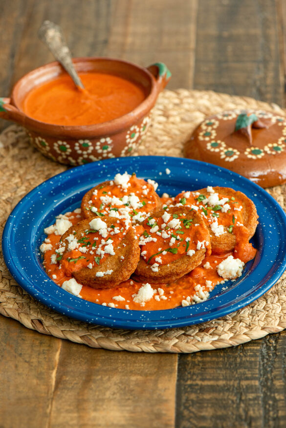 Shrimp Tortitas in Guajillo and Tomato Crema - Nibbles and Feasts