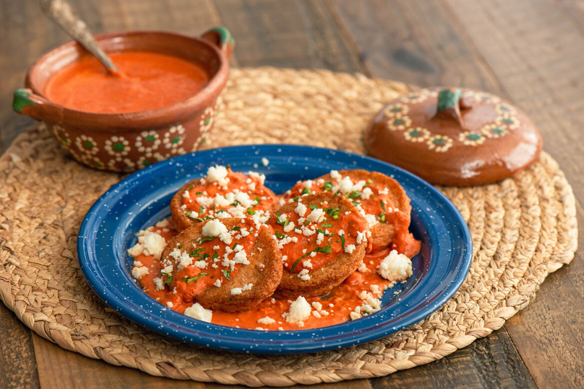 Shrimp Tortitas in Guajillo and Tomato Crema - Nibbles and Feasts