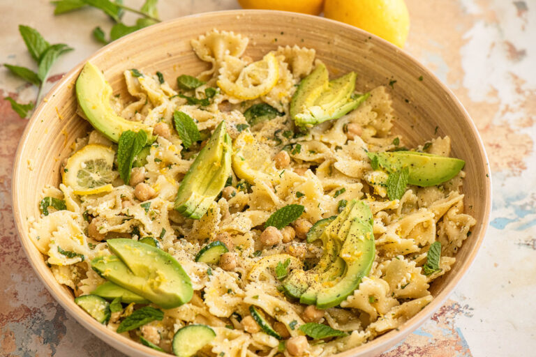 Minty Lemon Pasta with Chickpeas Cucumber and Avocado - Nibbles and Feasts