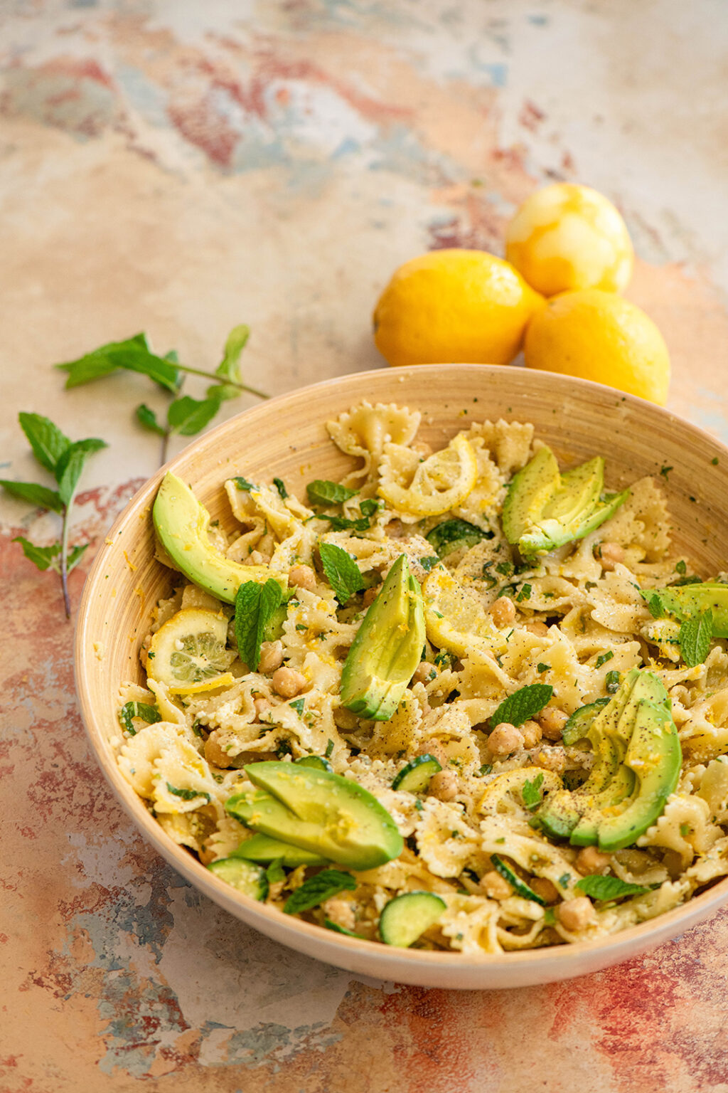 Minty Lemon Pasta with Chickpeas Cucumber and Avocado - Nibbles and Feasts